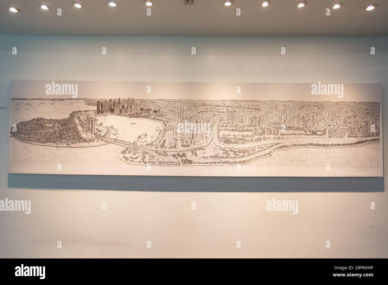 Panoramic cityscape aerial view of Singapore, drawing by British artist ...