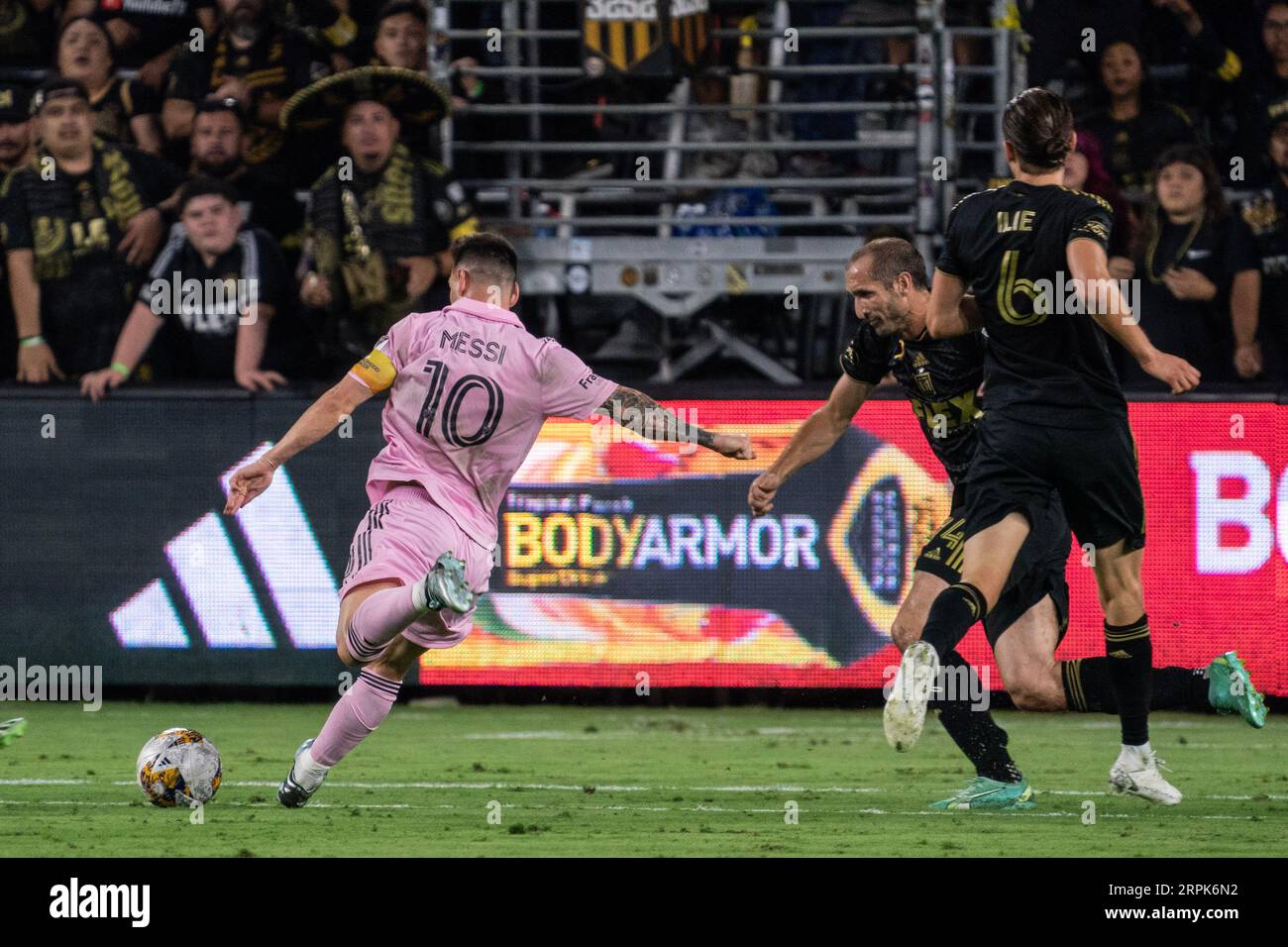 Inter Miami forward Lionel Messi (10) takes a shot past LAFC defender ...