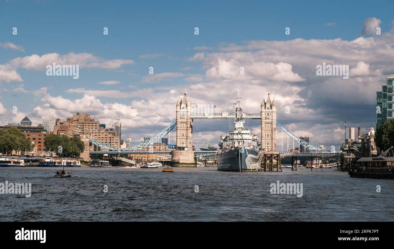 London, England - 29th July 2023: HMS Belfast, a 9 deck World War 2 ...
