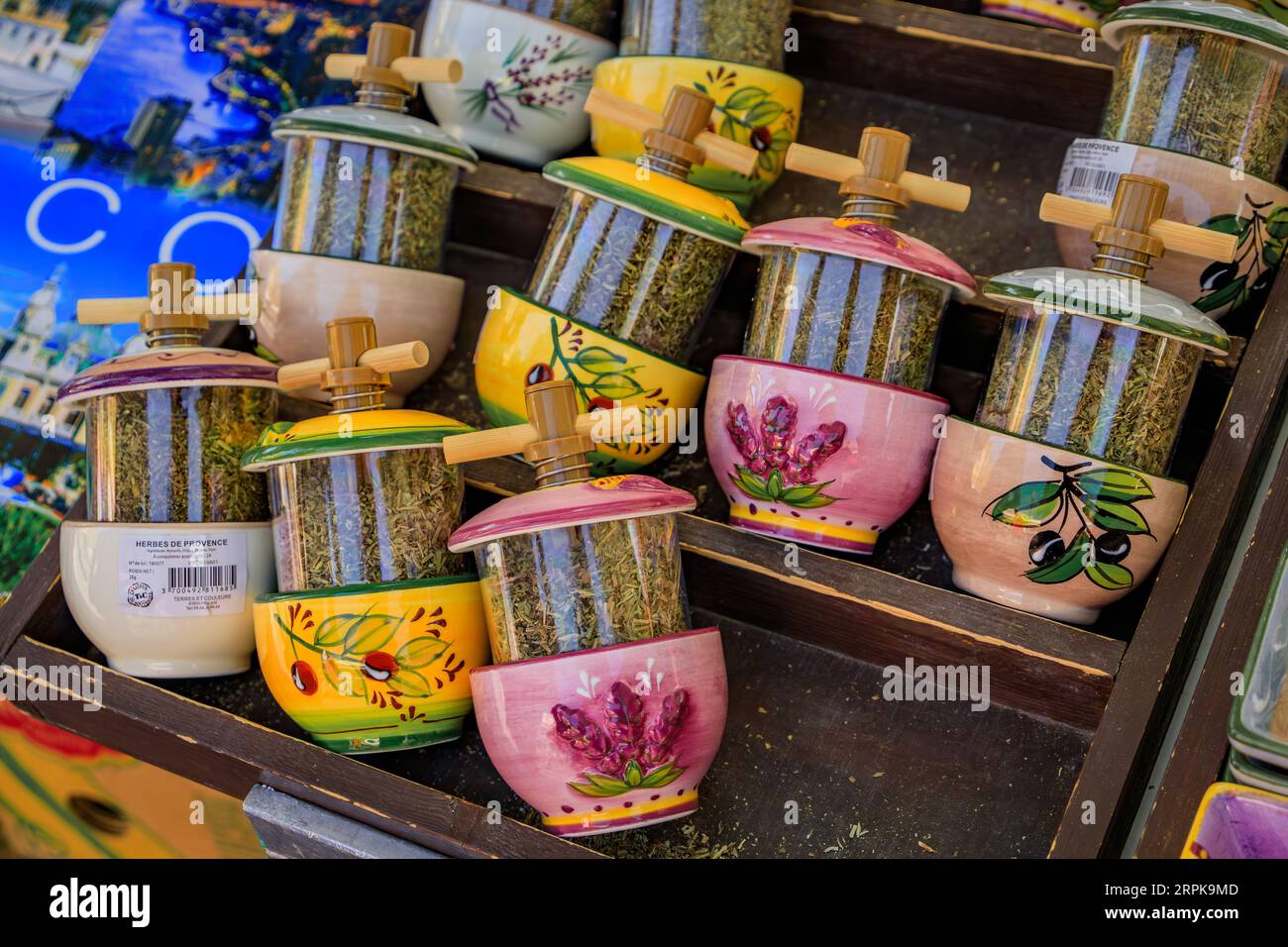 Nice, France - May 28, 2023: Colorful souvenir pottery dishes made of ...