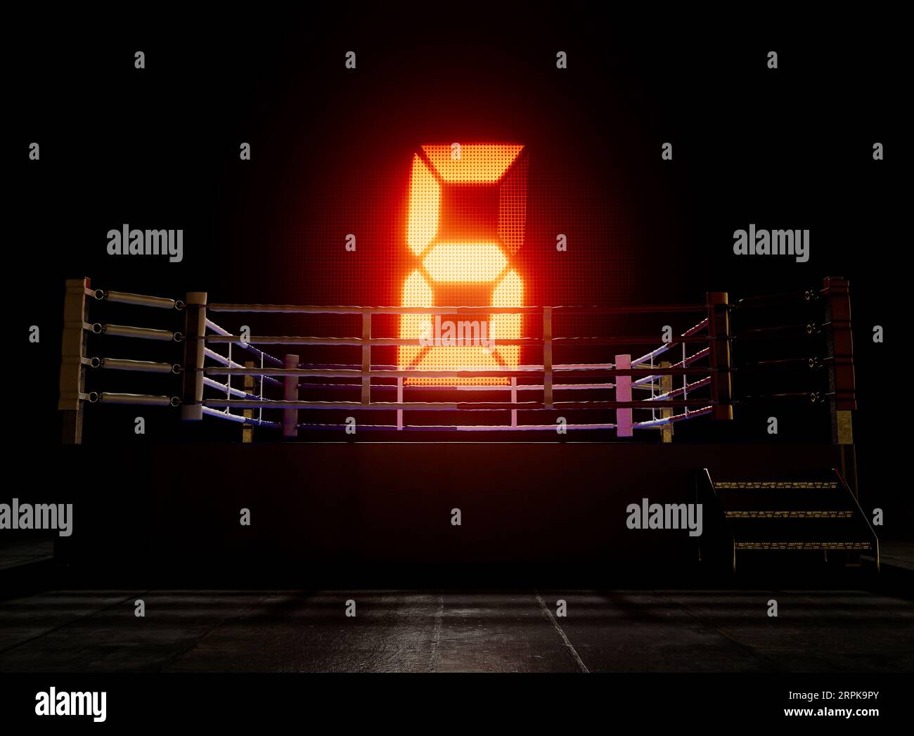 A modern boxing ring with an illuminated digital screen with the number ...