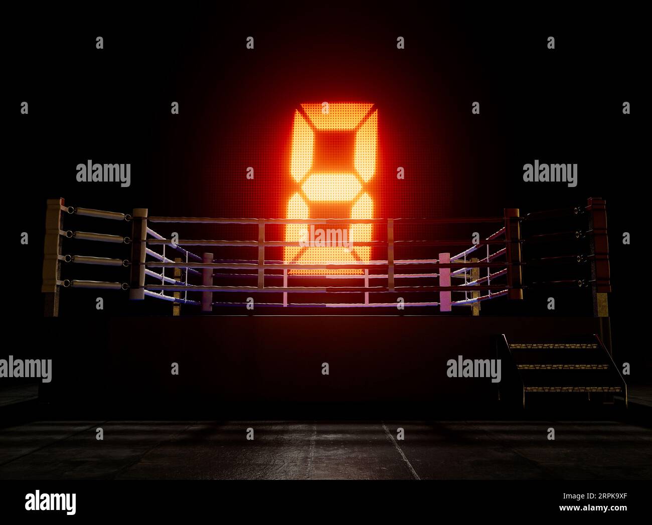 A modern boxing ring with an illuminated digital screen with the number ...
