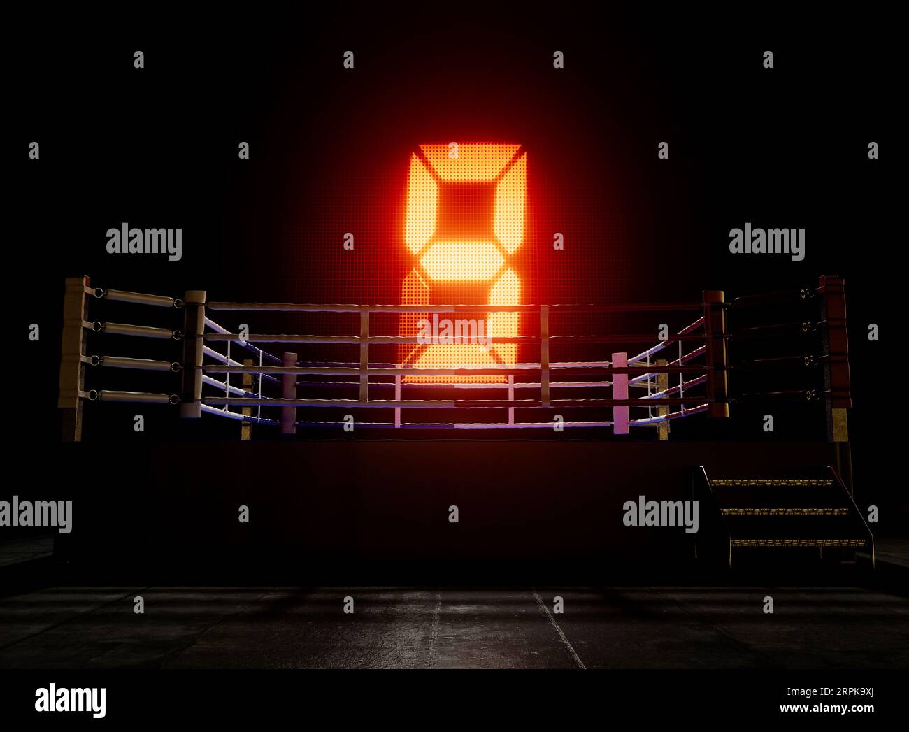 A modern boxing ring with an illuminated digital screen with the number ...