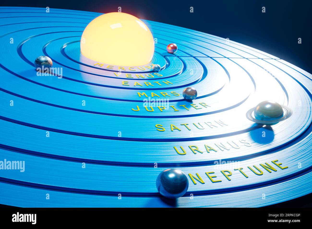 Toy Solar system. 8 planets orbiting around the light bulb imitating ...
