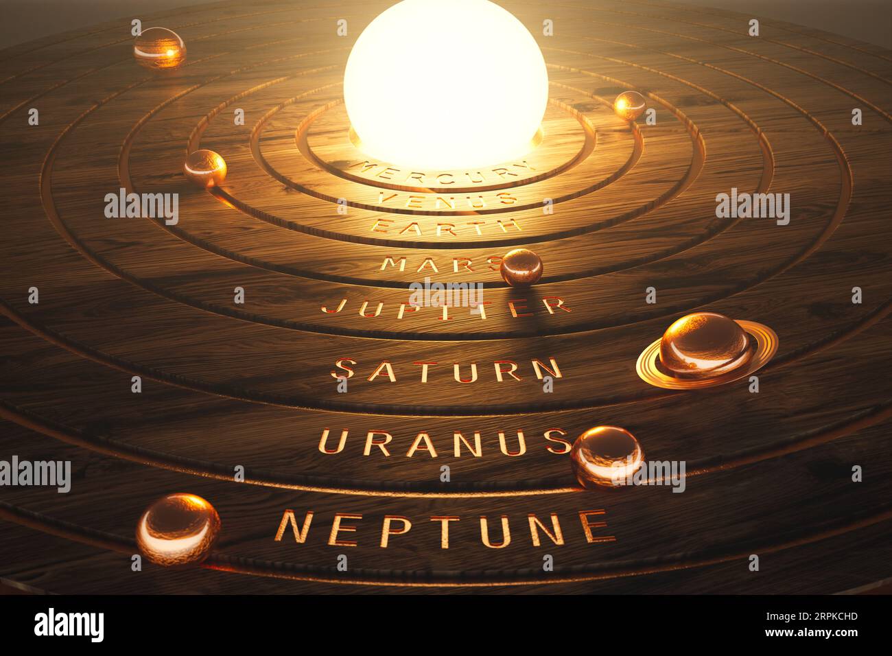 Toy Solar system. 8 planets rotating around the light bulb imitating ...