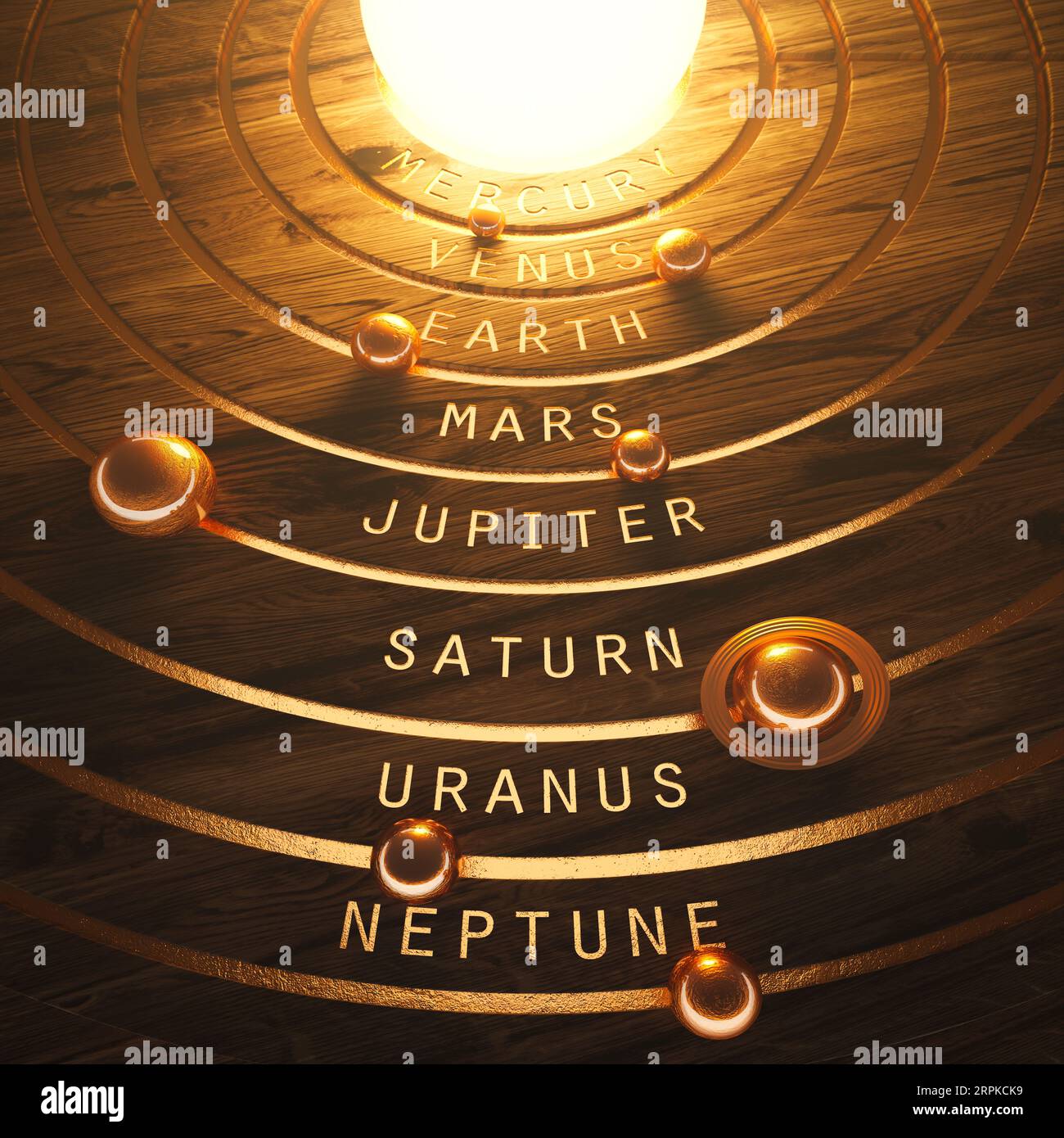 Toy Solar system. 8 planets rotating around the light bulb imitating ...
