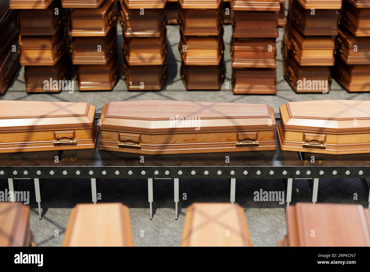 A row of coffins on the conveyor belt. Transportation of human remains ...