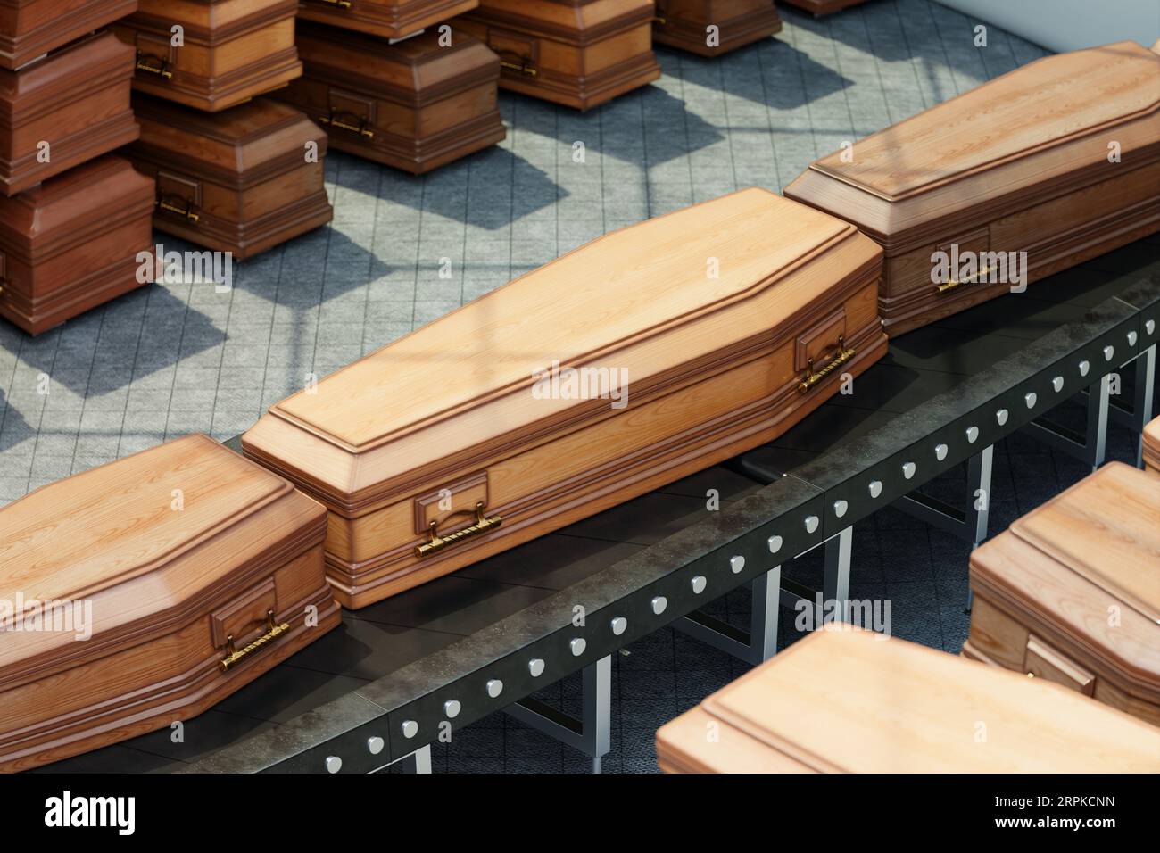 A row of coffins on the conveyor belt. Transportation of human remains ...