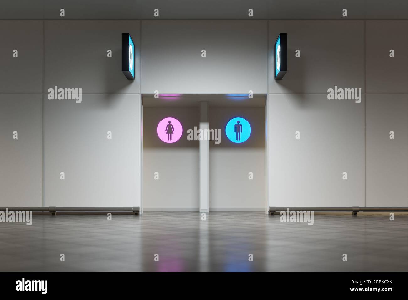 Airport terminal or train station lavatory entrance with glowing signs ...