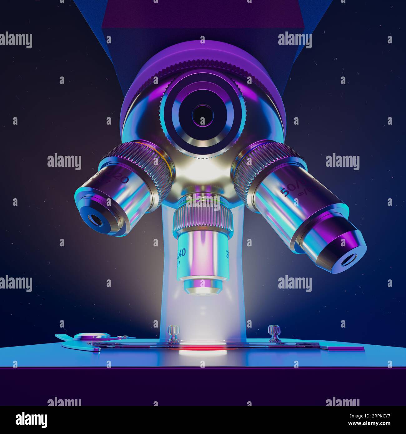 A colorfully lit modern microscope showing the specimen under ...