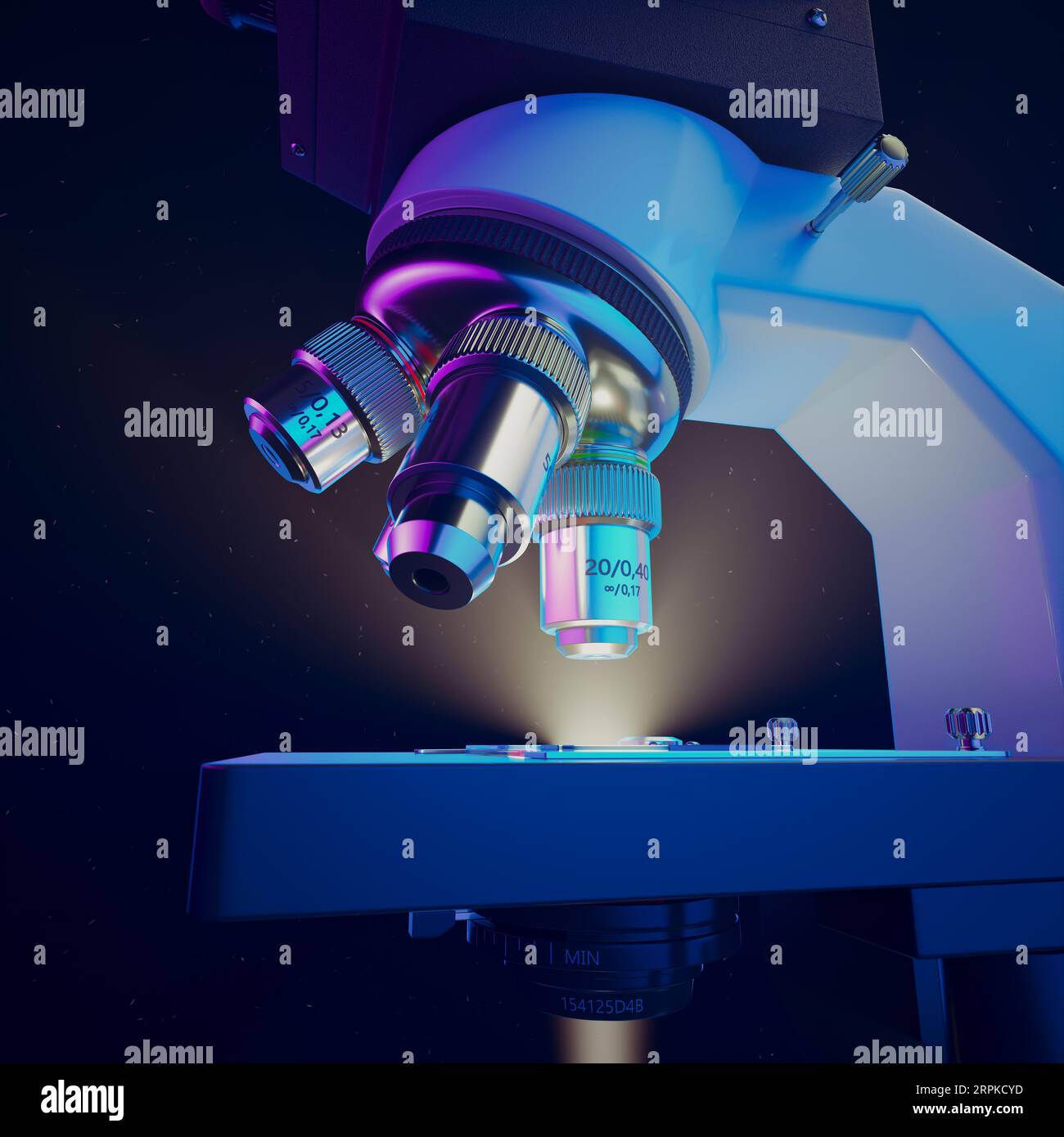 A colorfully lit modern microscope showing the specimen under ...