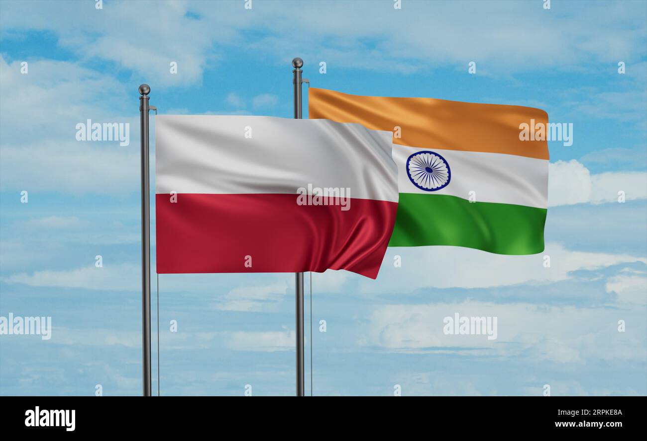 India flag and Poland flag waving together on blue sky, two country ...