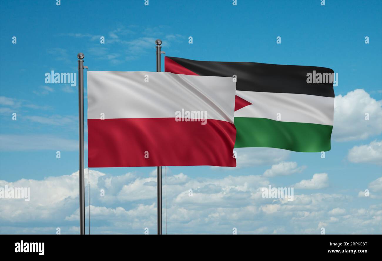 Jordan and Poland flag waving together in the wind on blue sky, two ...