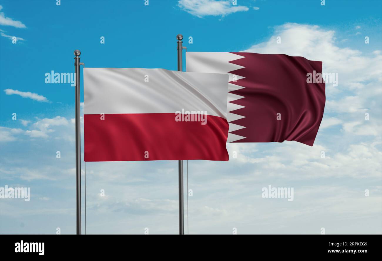 Qatar and Poland flag waving together in the wind on blue sky, two ...