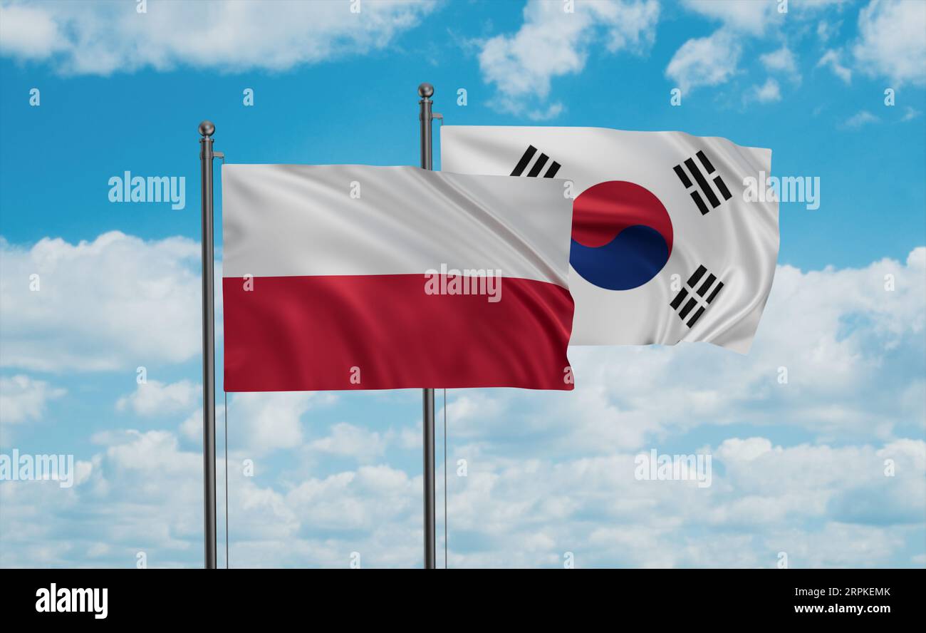 South Korea or Republic of Korea or ROK and Poland flag waving together ...