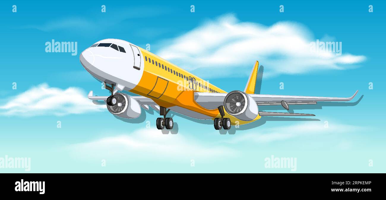 A cartoon illustration of a commercial airline airplane soaring in a ...