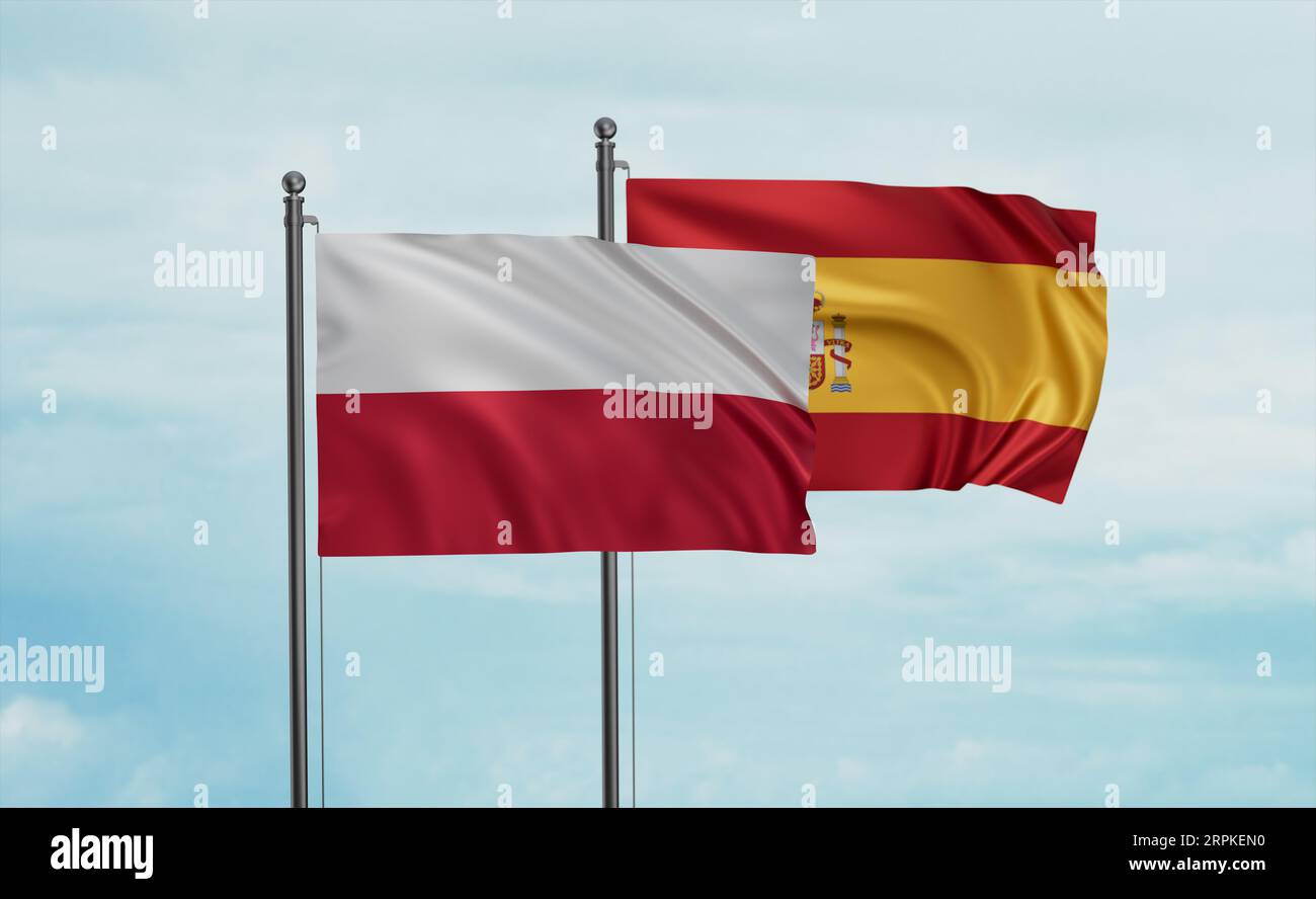 Spain and Poland flag waving together in the wind on blue sky, two ...
