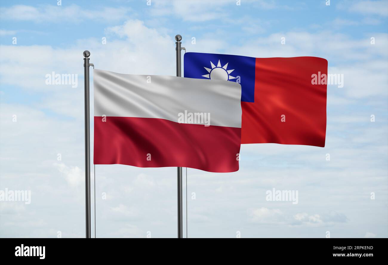 Taiwan and Poland flag waving together in the wind on blue sky, two ...