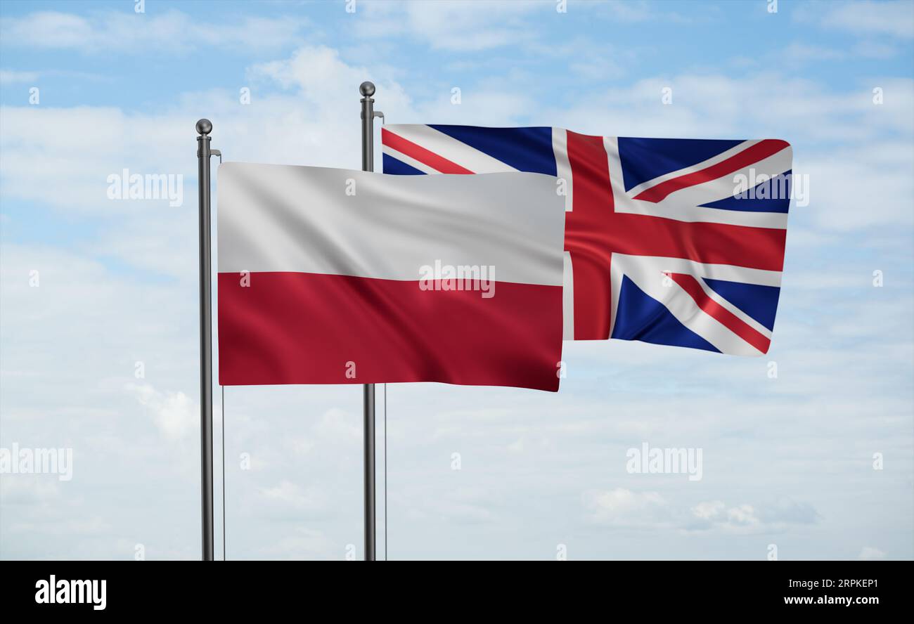 United Kingdom and Poland flag waving together in the wind on blue sky ...