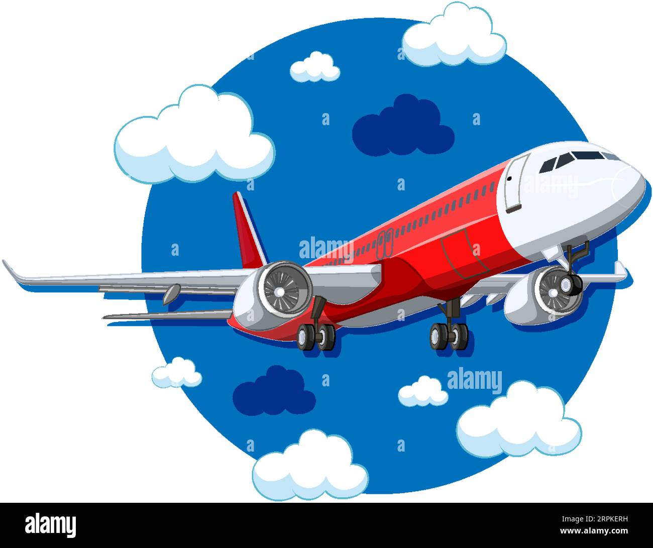A cartoon illustration of a commercial airline airplane soaring through ...
