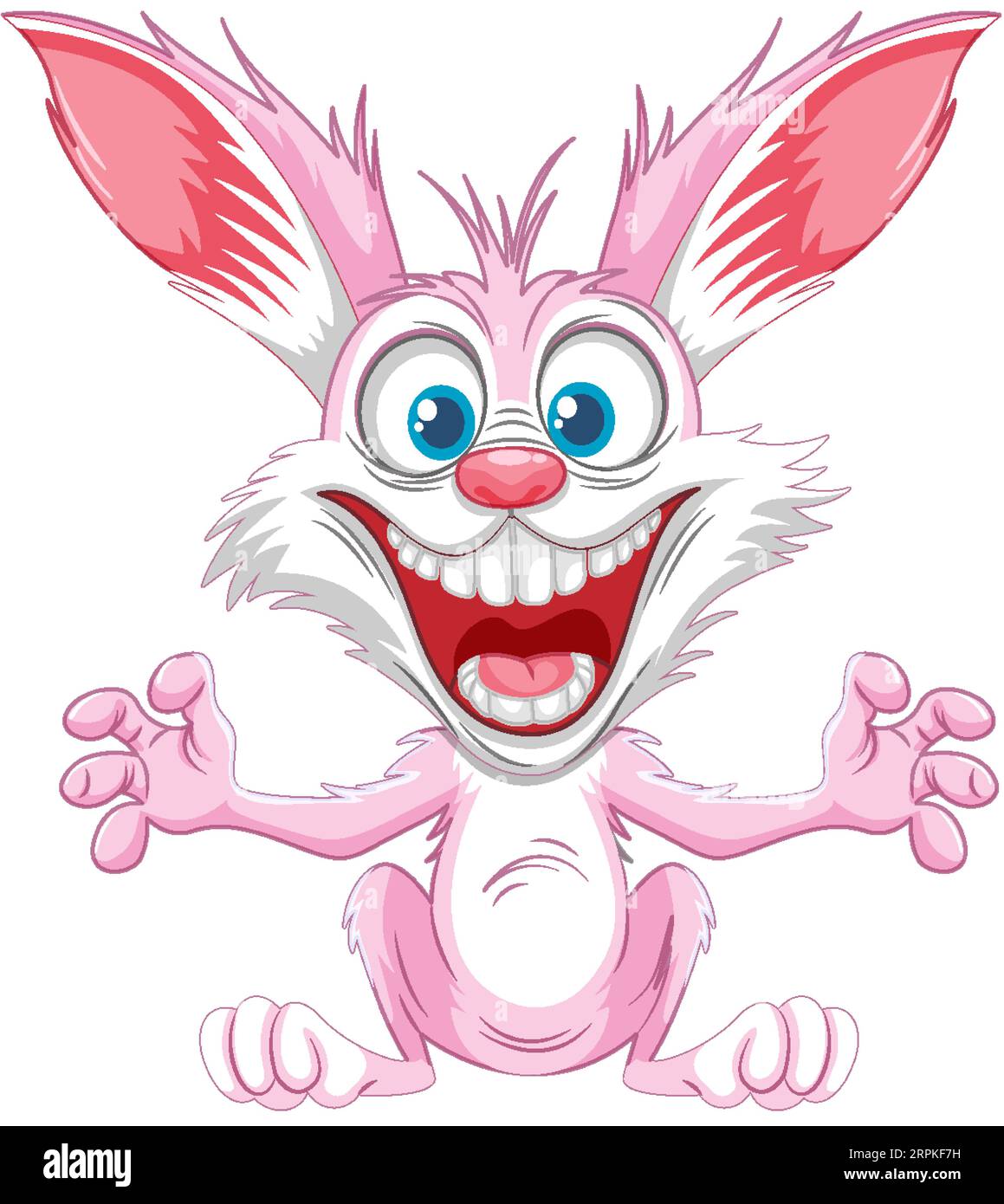 A pink cartoon rabbit jumps with a wild and scary smile on its face ...
