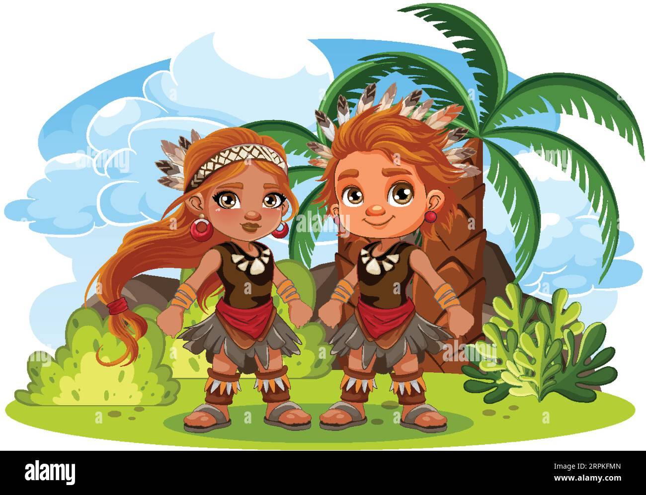 A vector cartoon illustration of an indigenous couple in a tropical ...