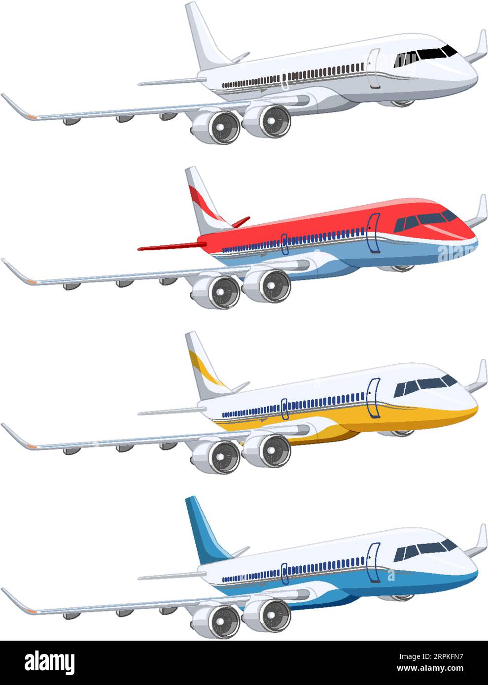 A vector cartoon illustration of a set of commercial airline airplanes ...