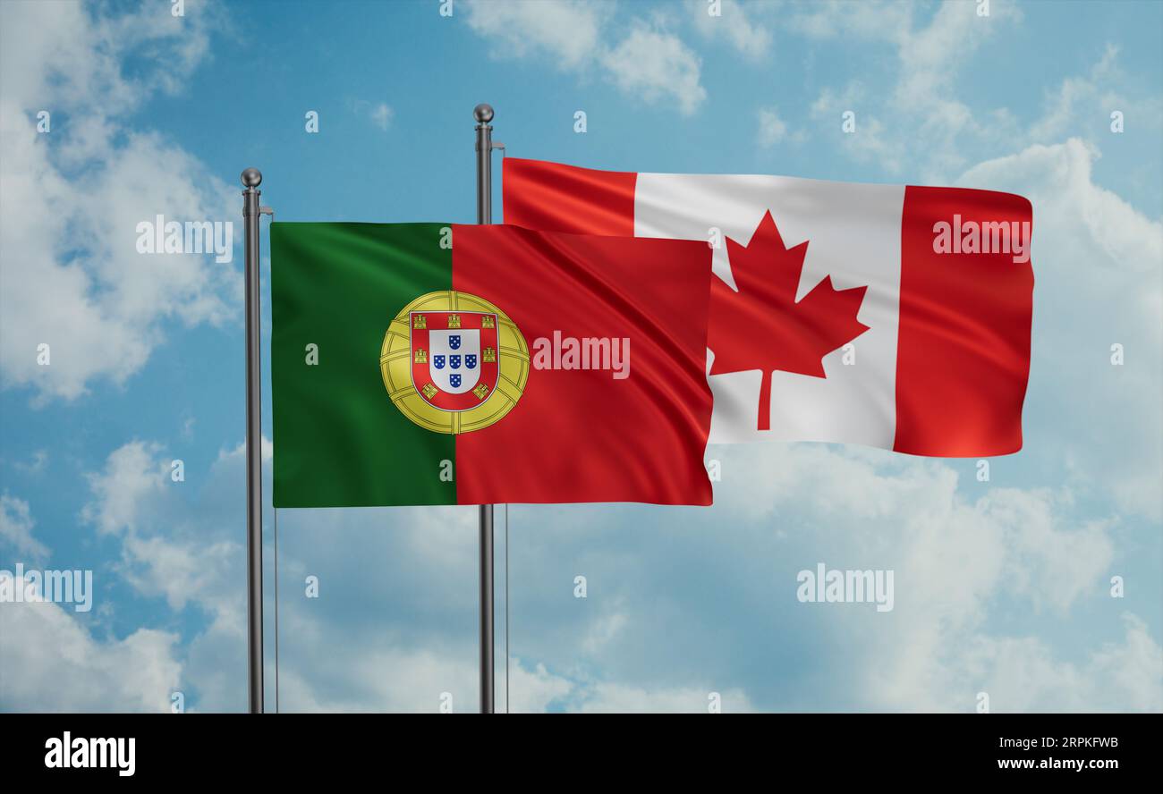 Canada and Portugal flag waving together in the wind on blue sky, two ...