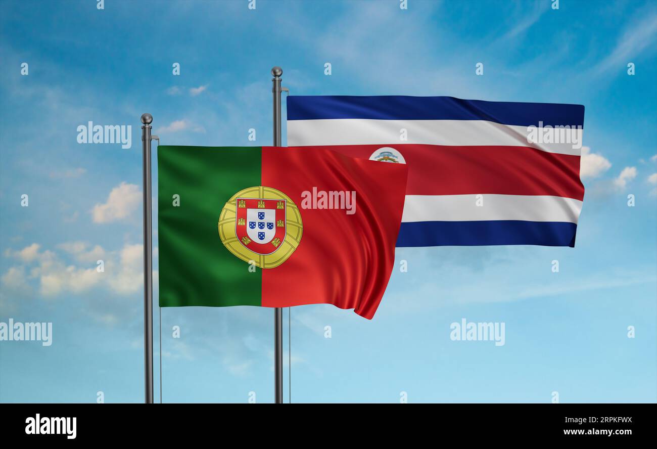 Costa Rico and Portugal flag waving together in the wind on blue sky ...