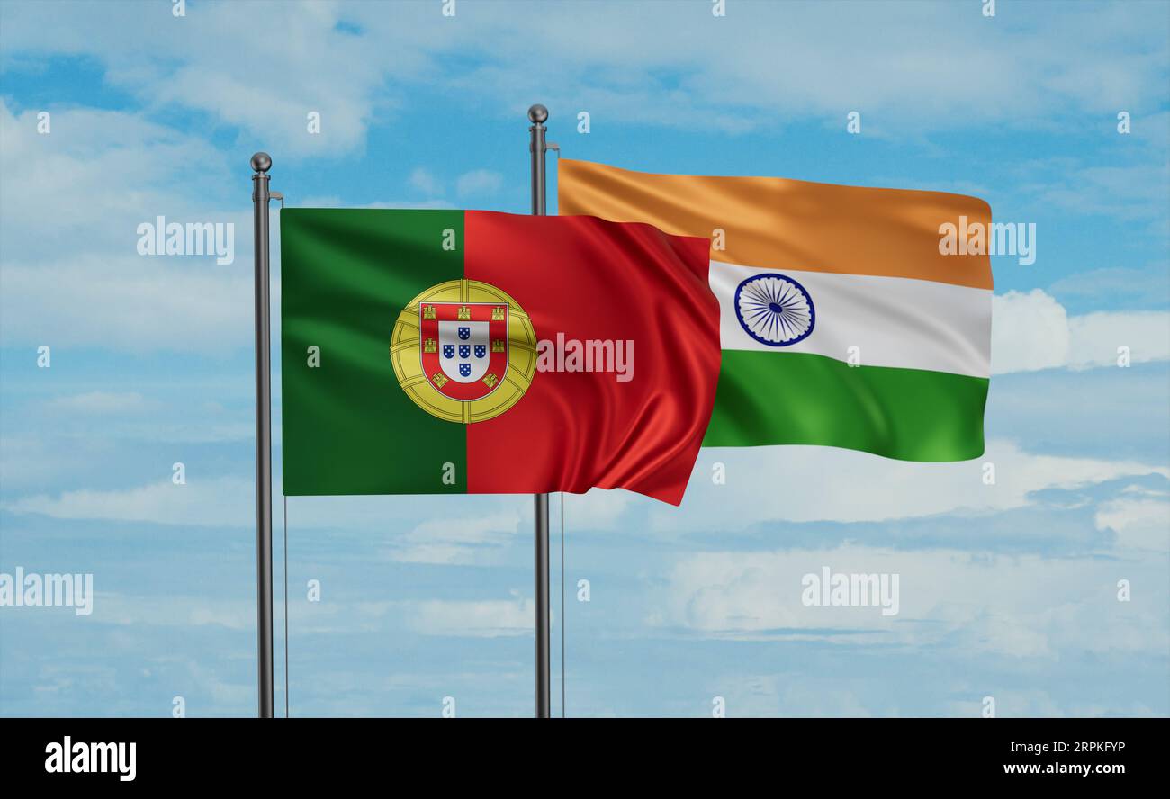 India flag and Portugal flag waving together on blue sky, two country ...