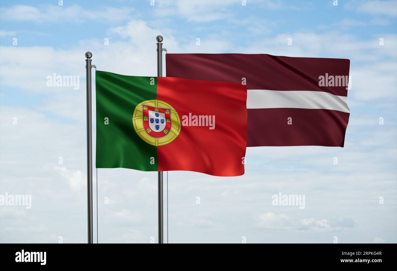 Latvia and Portugal flag waving together in the wind on blue sky, two ...