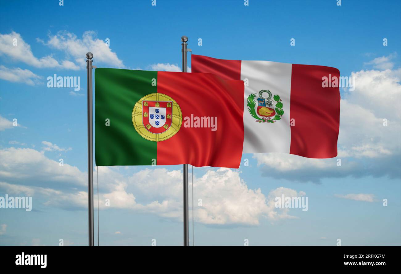 Peru and Portugal flag waving together in the wind on blue sky, two ...