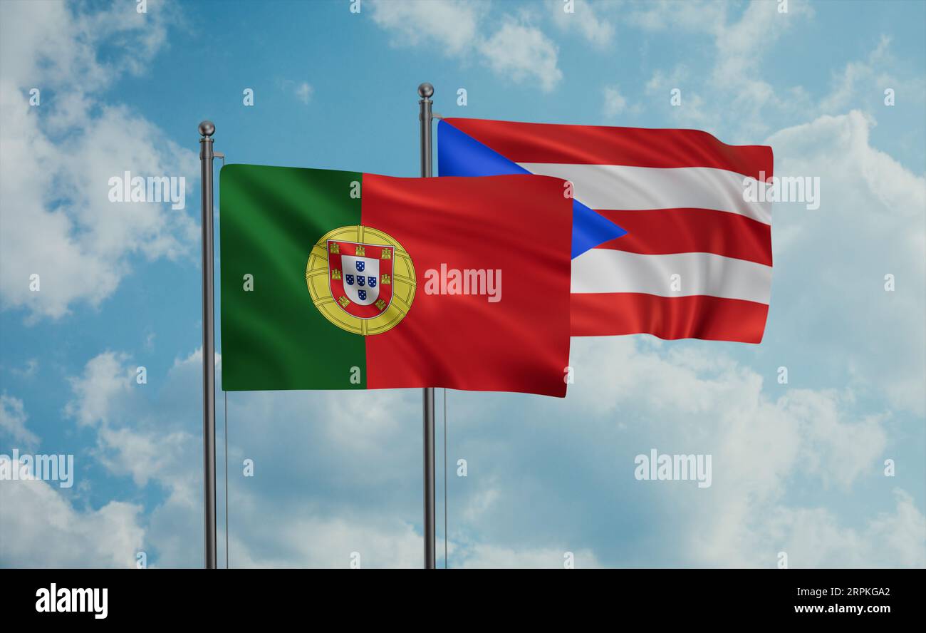 Puerto Rico and Portugal flag waving together in the wind on blue sky ...