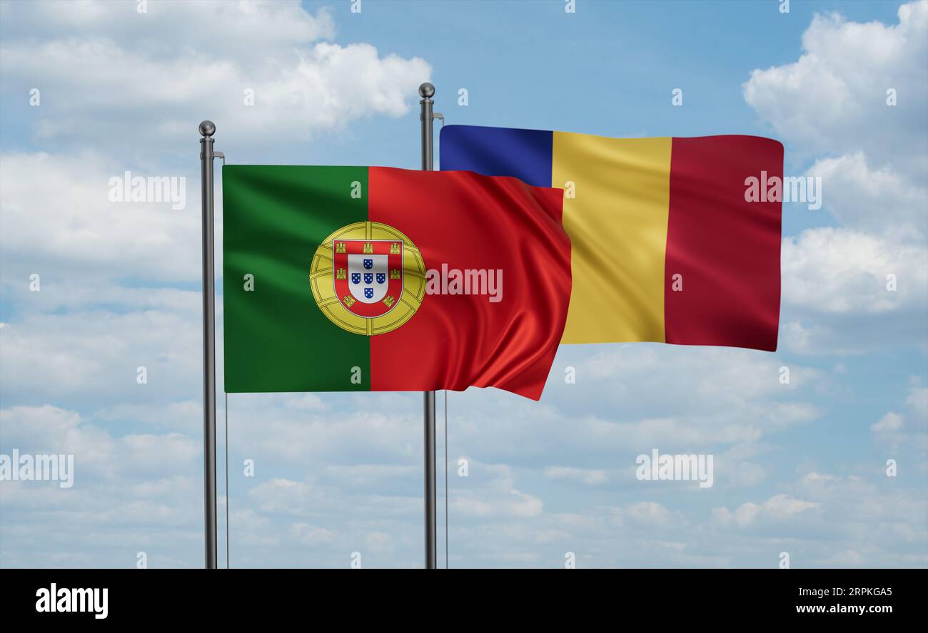 Romania and Portugal flag waving together in the wind on blue sky, two ...
