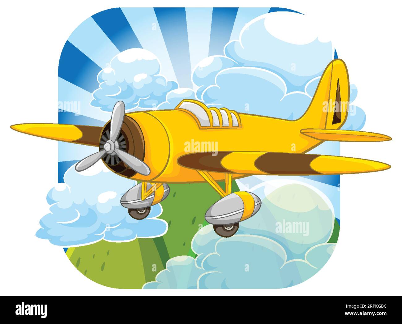 A vector cartoon illustration of a vintage military aircraft soaring through the sky with a ...