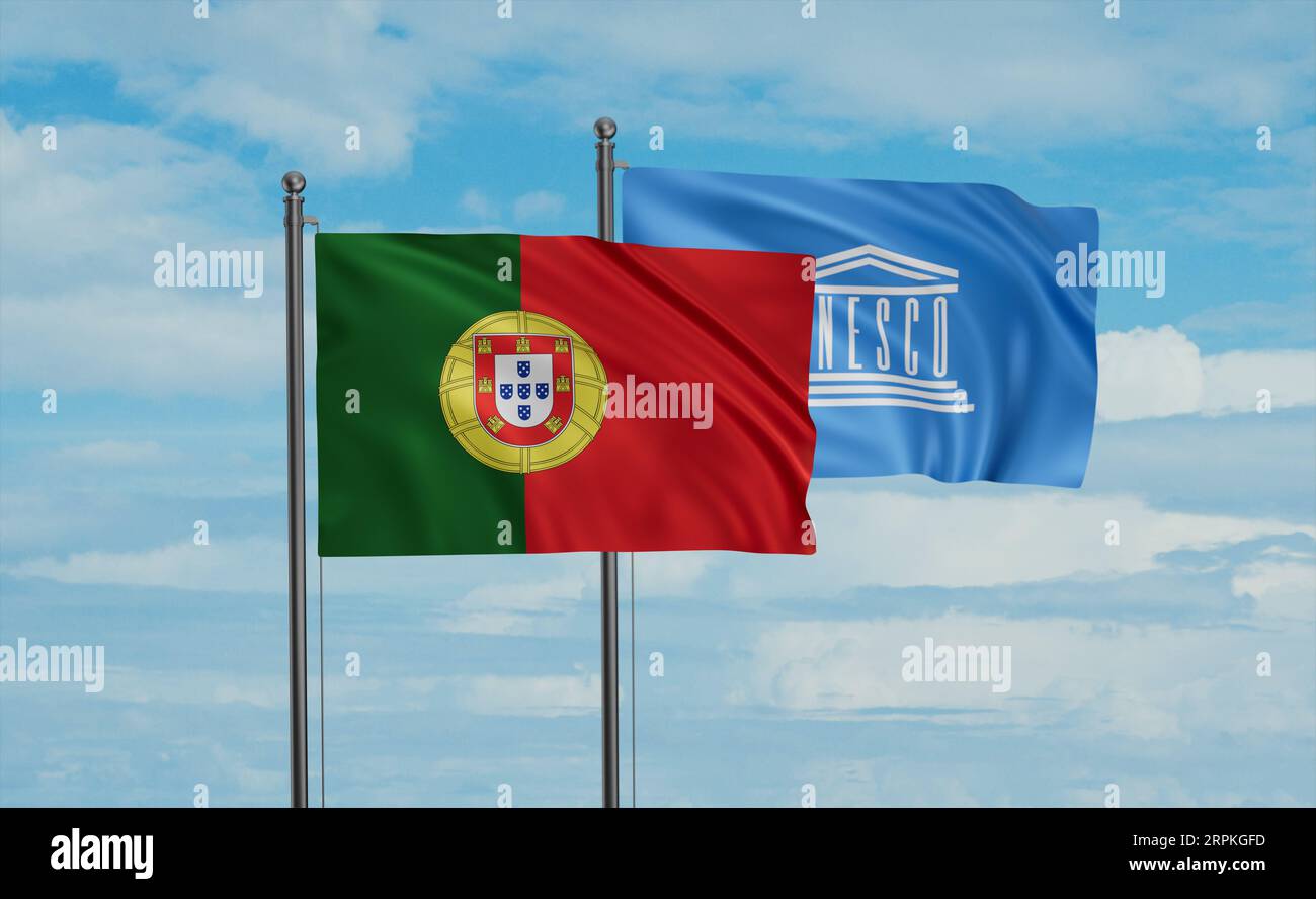 UNESCO and Portugal flag waving together in the wind on blue sky Stock ...