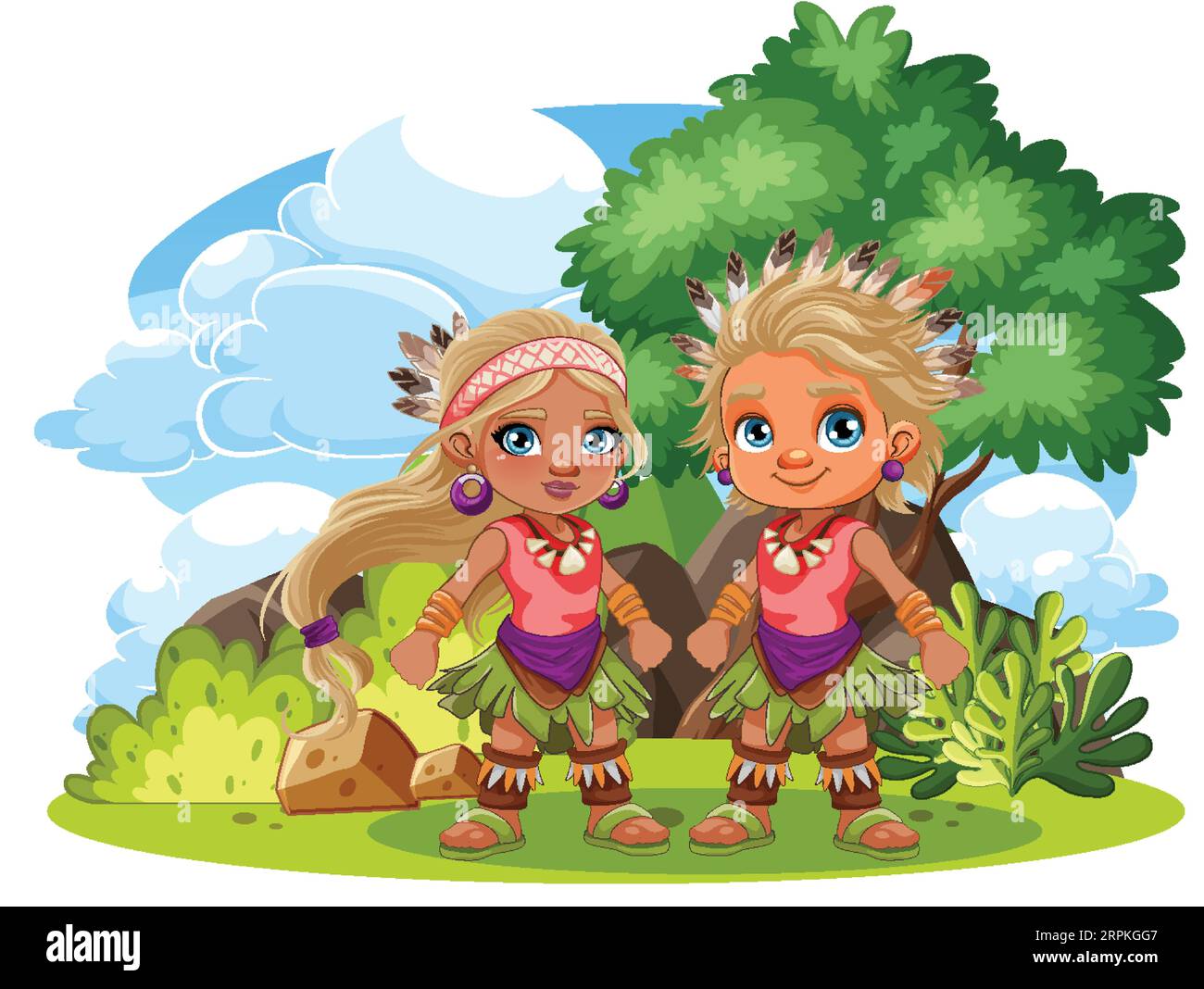 A vector cartoon illustration of an indigenous couple in a tropical ...