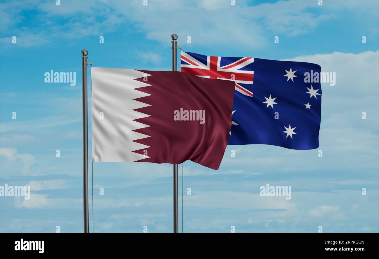 Australia flag and Qatar flag waving together on blue sky, two country ...