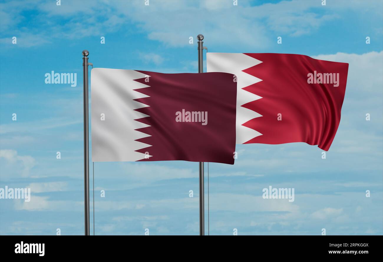 Bahrain flag and Qatar flag waving together on blue sky, two country ...