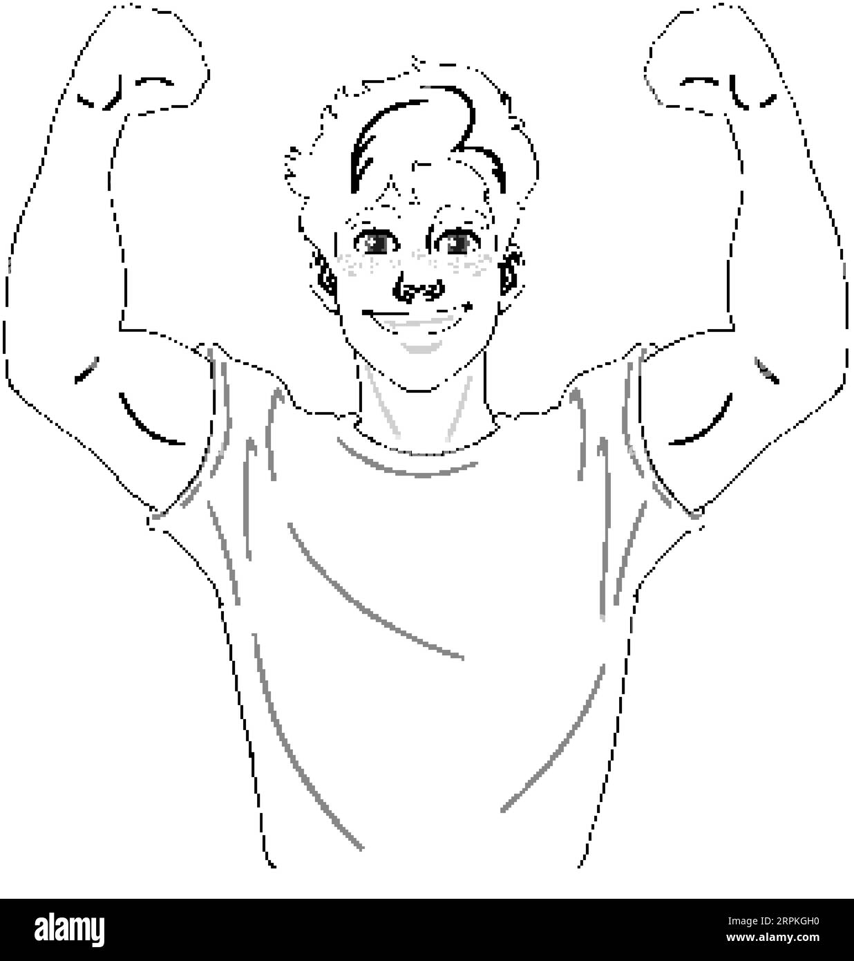 A muscular, handsome young man is outlined in a vector cartoon ...