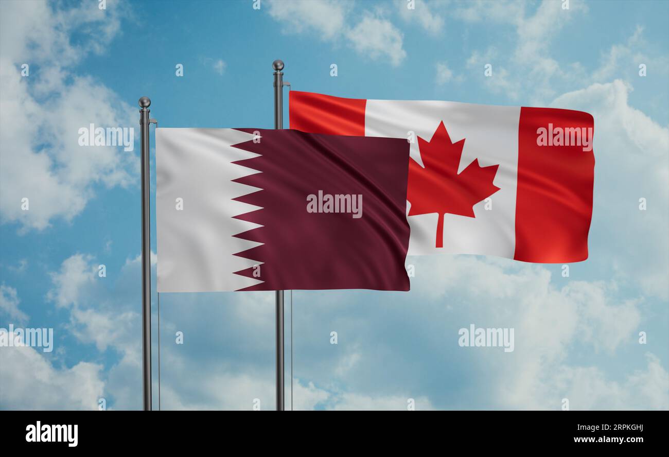 Canada and Qatar flag waving together in the wind on blue sky, two ...