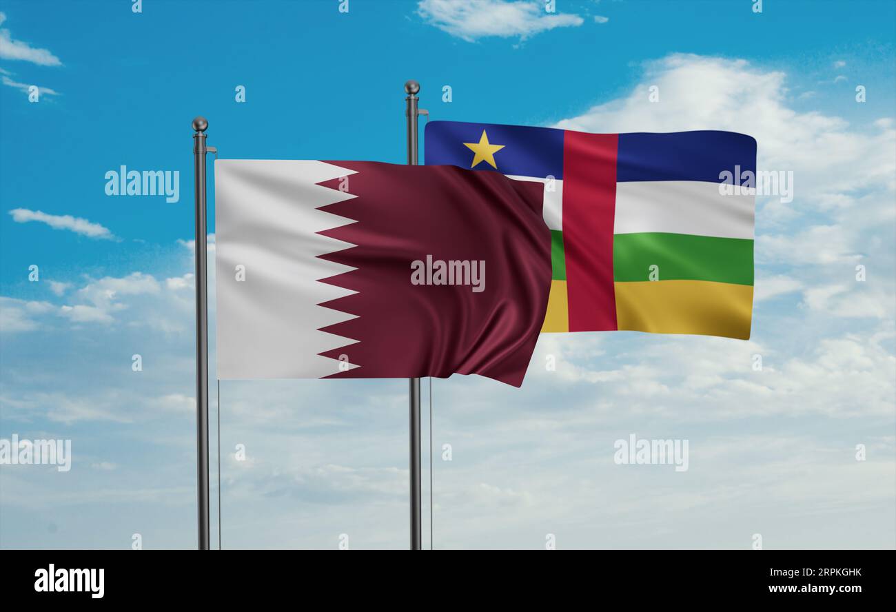 Central African Republic flag and Qatar flag waving together on blue ...