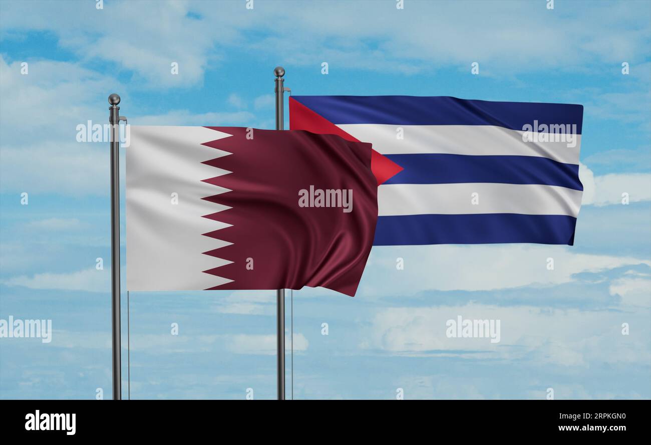 Cuba and Qatar flag waving together in the wind on blue sky, two ...