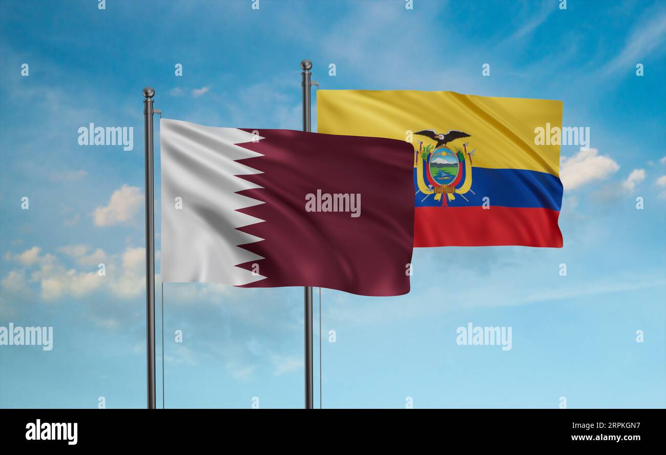 Ecuador flag and Qatar flag waving together on blue sky, two country ...