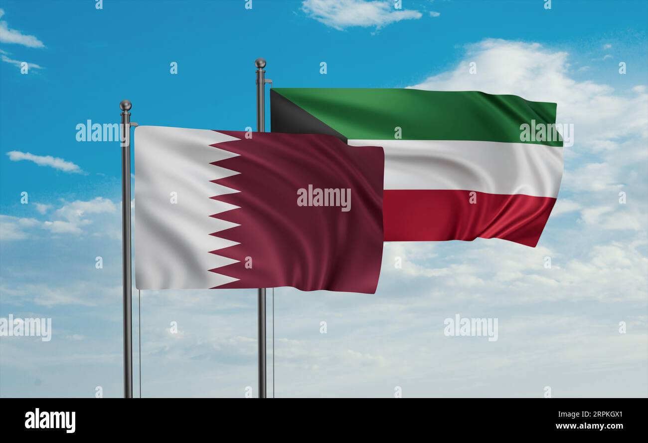 Kuwait and Qatar flag waving together in the wind on blue sky, two ...