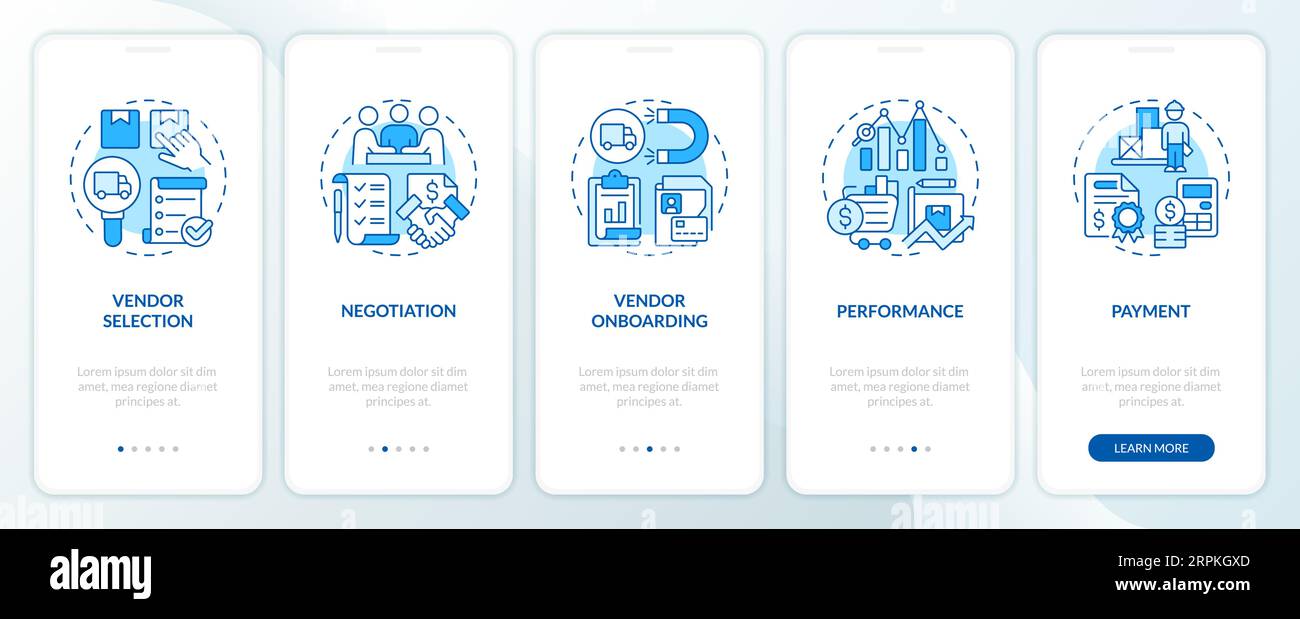 Walkthrough vendor management with blue line icons concept Stock Vector ...