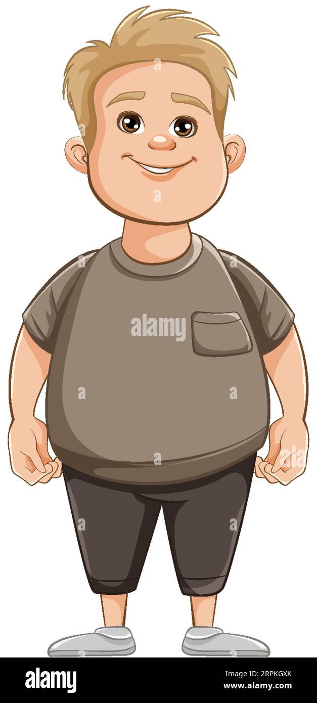 A cheerful cartoon illustration of a chubby teen man wearing a t-shirt ...