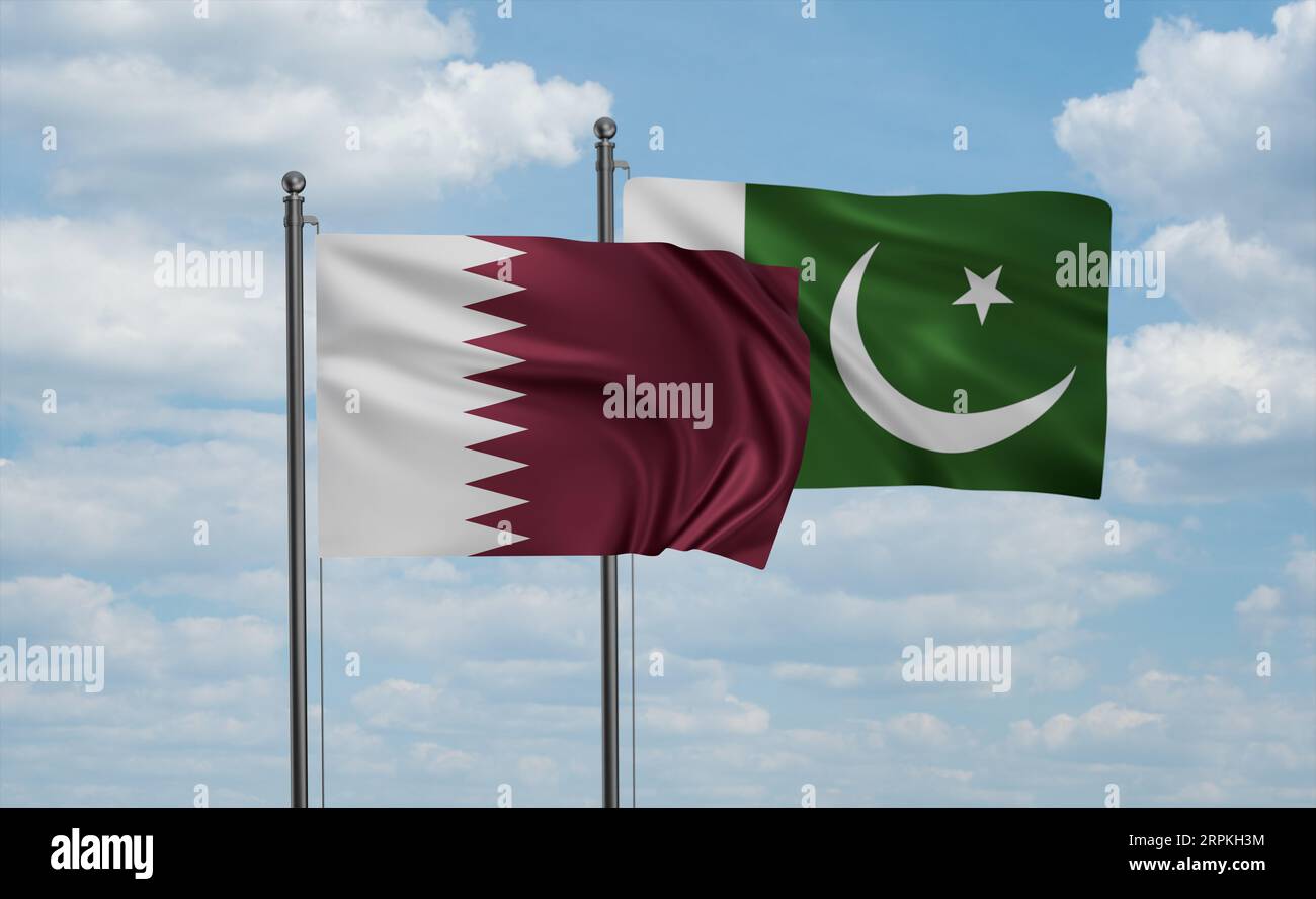 Pakistan flag and Qatar flag waving together on blue sky, two country ...