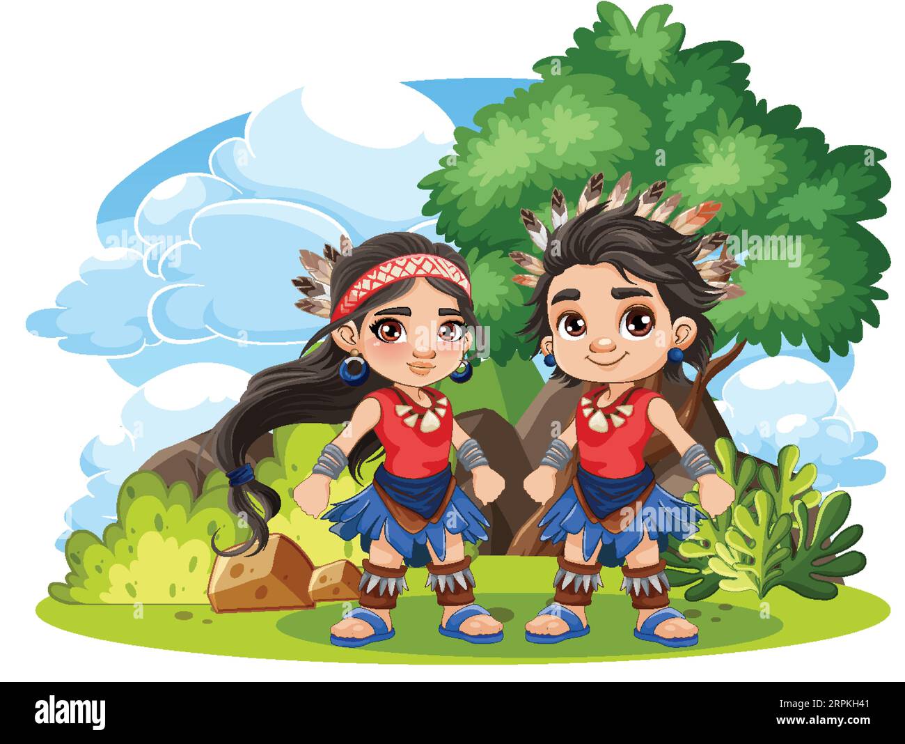 A vector cartoon illustration of an indigenous couple in a tropical ...