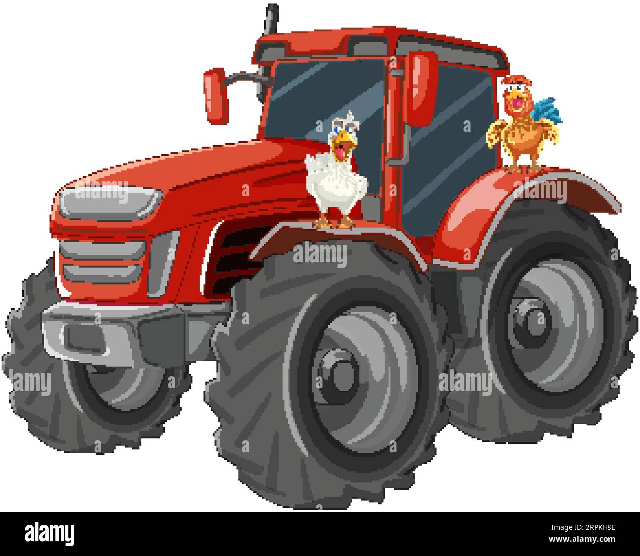 A cartoon illustration of a chicken and duck standing on a tractor ...